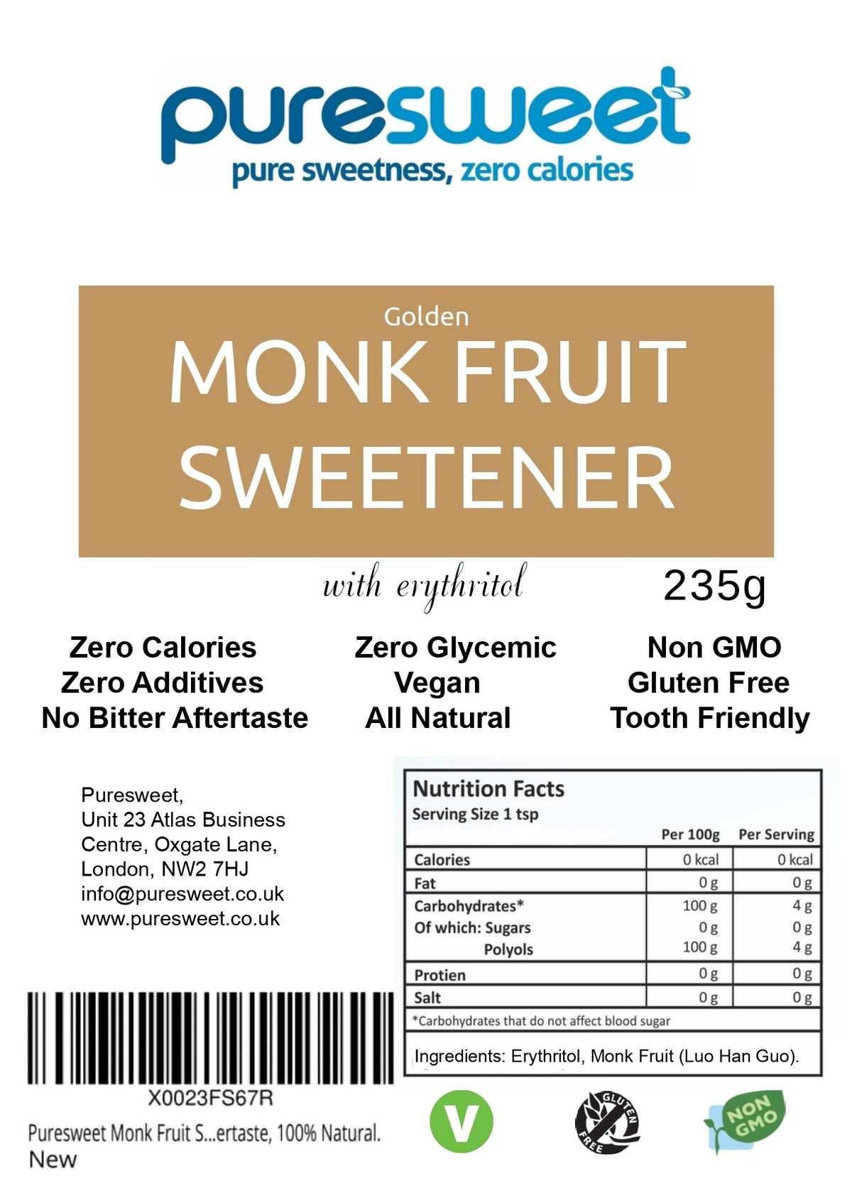 Puresweet® Golden Monk Fruit Sweetener 235g | Puresweet Sweetener