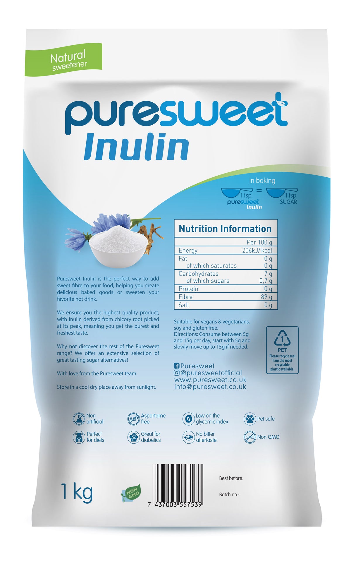 Puresweet® Inulin 1kg, Premium Grade Highly Soluble | Puresweet Sweetener