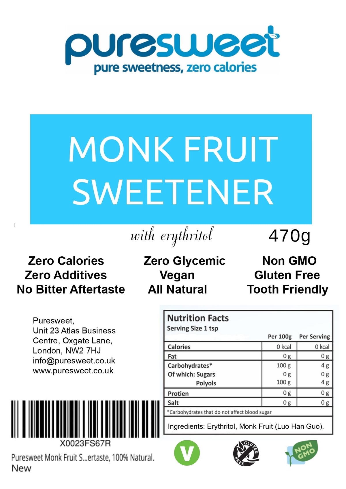 Puresweet® Monk Fruit Sweetener 470g | Puresweet Sweetener