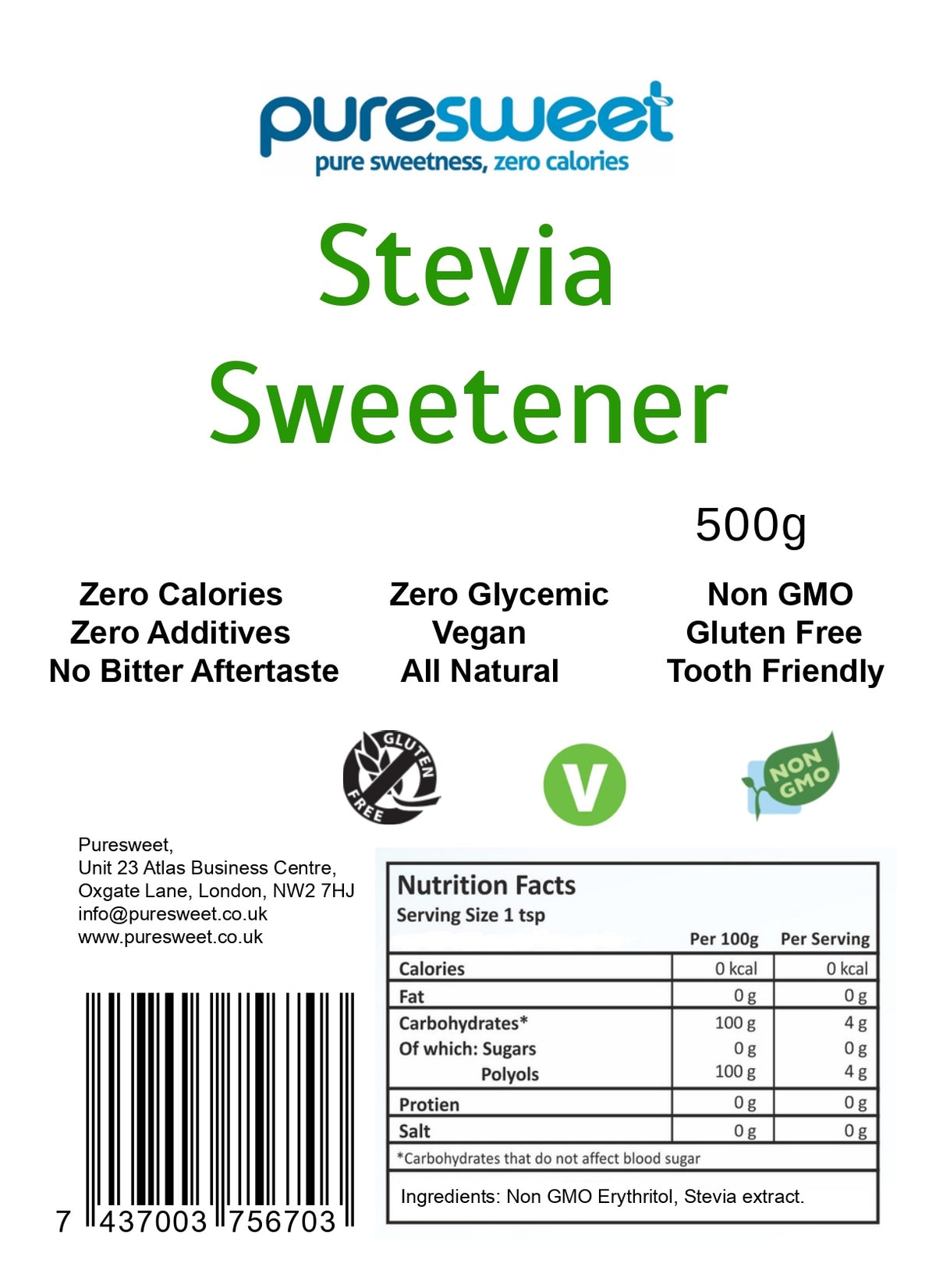 Puresweet® Stevia Sweetener 500g 1:1 Ratio. | Puresweet Sweetener